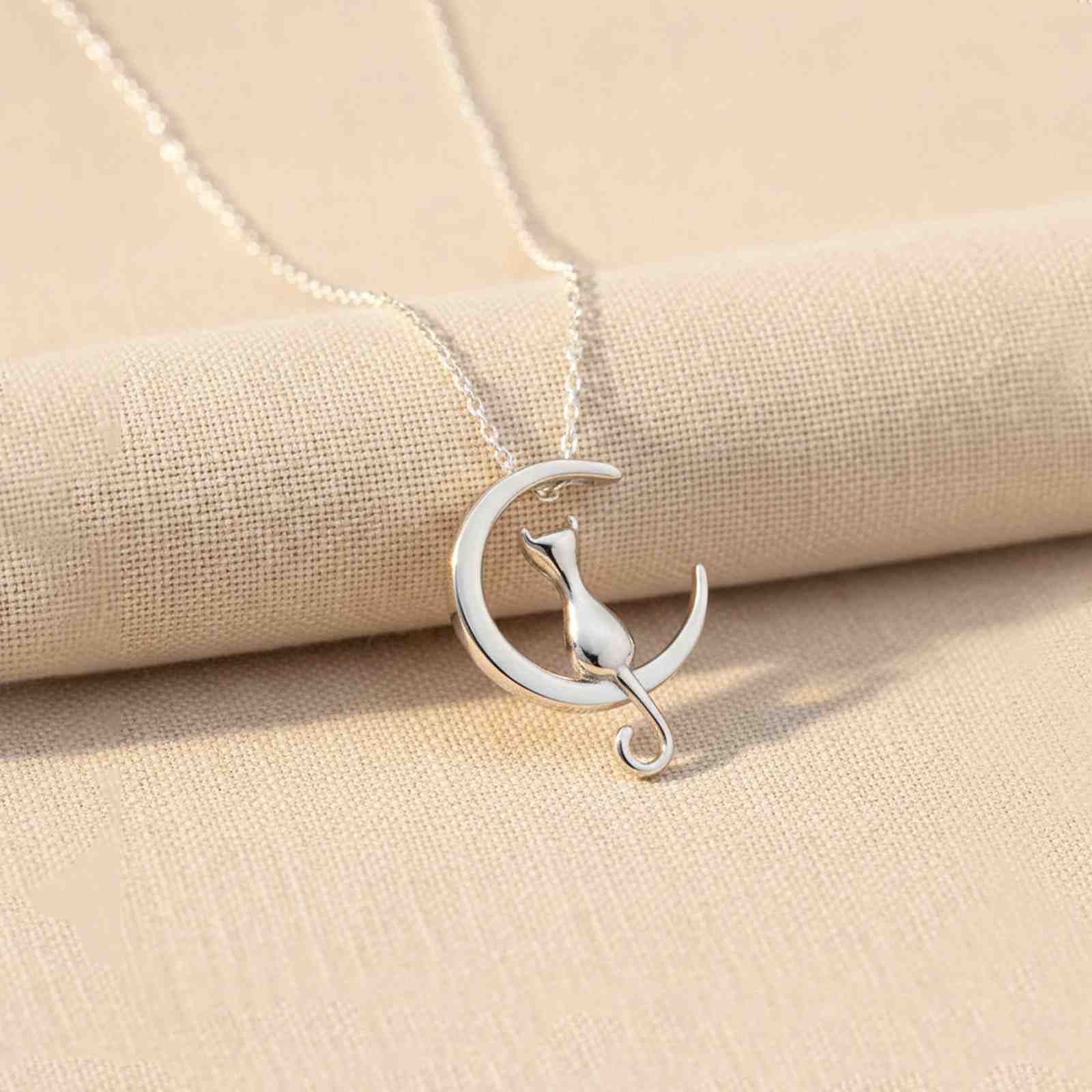 Silver Dreamy Moon Cat Pendant